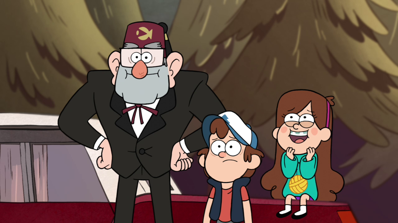 Image - S1e14 Stan, Dipper, and Mabel watch Manly Dan wrestle a bear ...