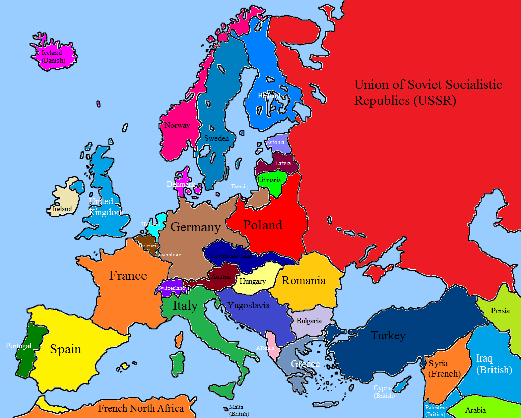 Map Of Europe 1935 With Rivers And Lakes