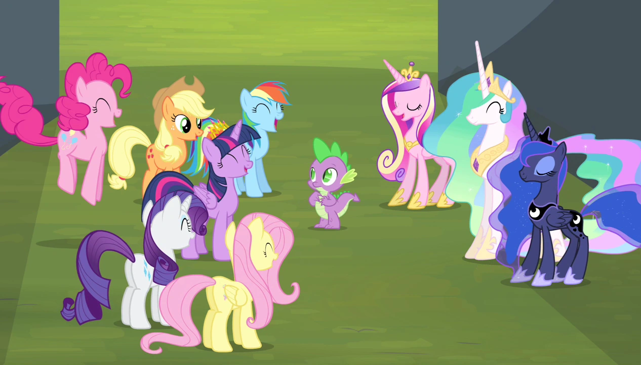 Image - Mane 6 and princesses cheering for Spike S4E24.png | My Little ...