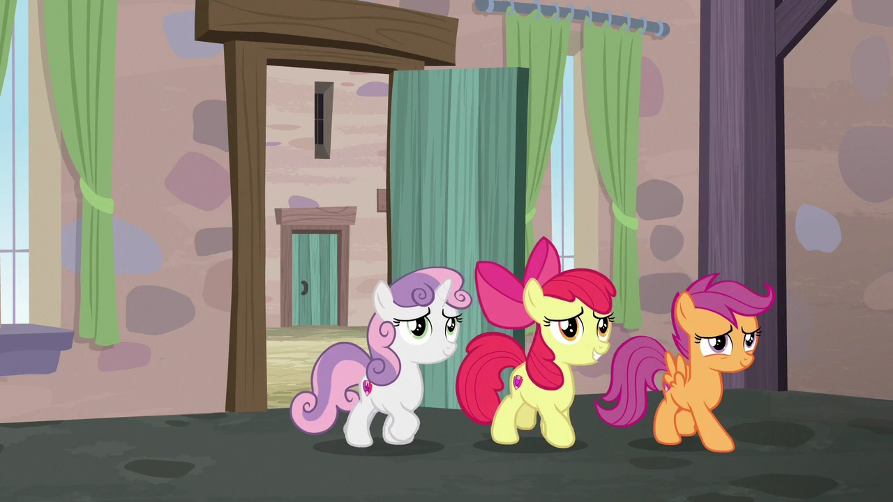 Image - Cutie Mark Crusaders backing out of the bakery S7E8.png | My ...