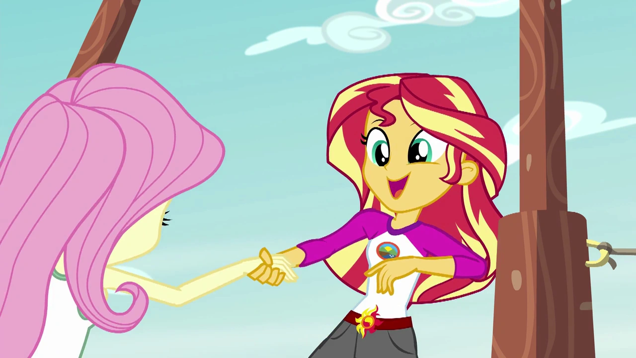 Image - Sunset Shimmer pulls Fluttershy onto the dock EG4.png | My ...