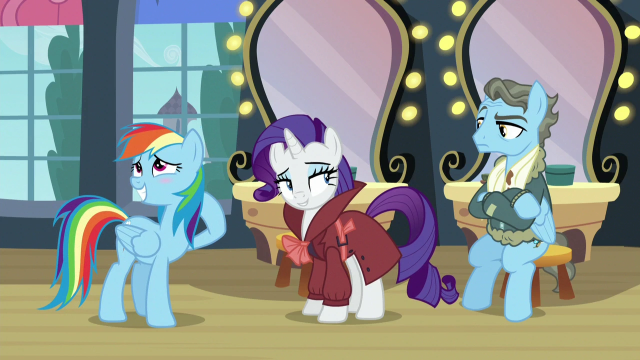 Image - Rainbow blushes; Rarity looks at Wind Rider with a smug smile ...