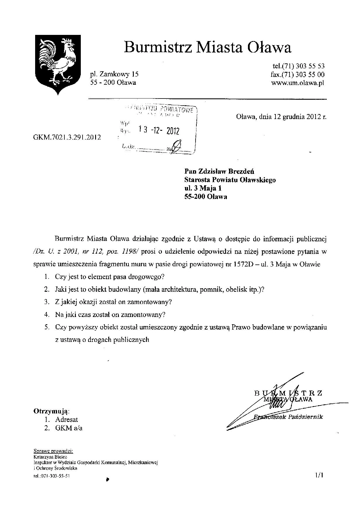 Wniosek o udzielenie informacji publicznej burmistrza Oławy wysłany do starosty powiatu ...