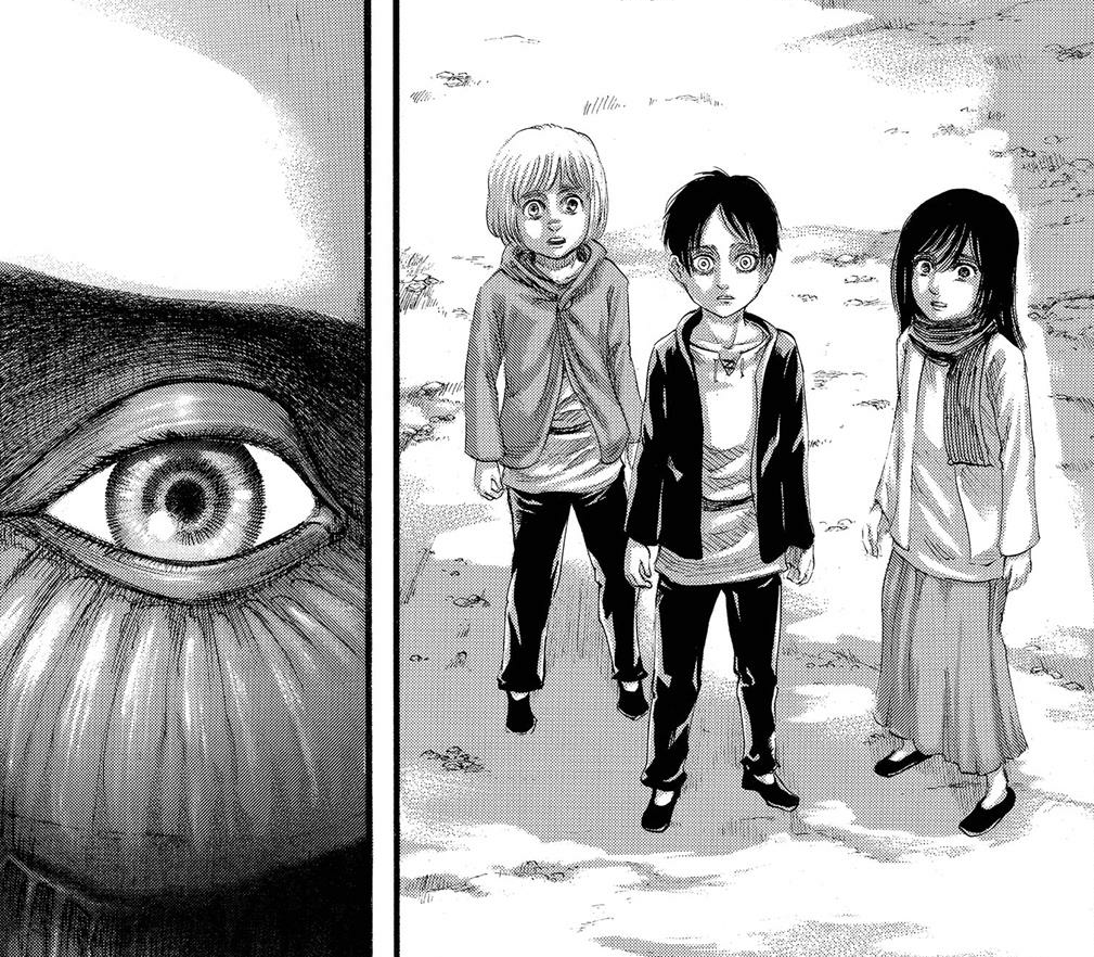 Image - Eren, Mikasa, and Armin see the Colossus Titan.png | Attack on ... Image - Eren, Mikasa, and Armin see the Colossus Titan.png | Attack on ...
