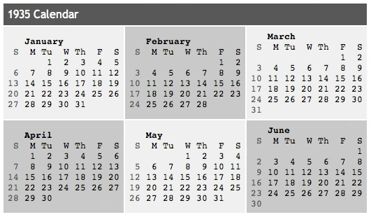 1935 Calendar | The Velvet Blues Wiki | FANDOM powered by Wikia
