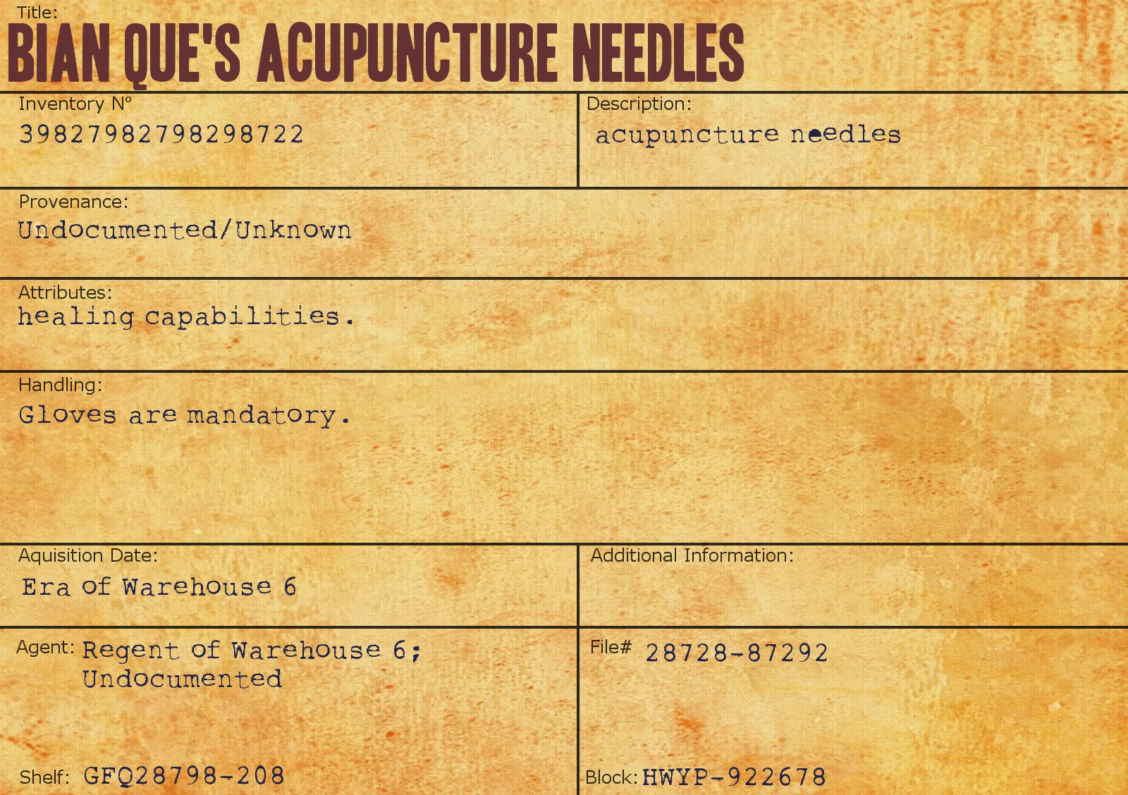 Bian Que’s Acupuncture Needles | Warehouse 13 Artifact Database Wiki ...